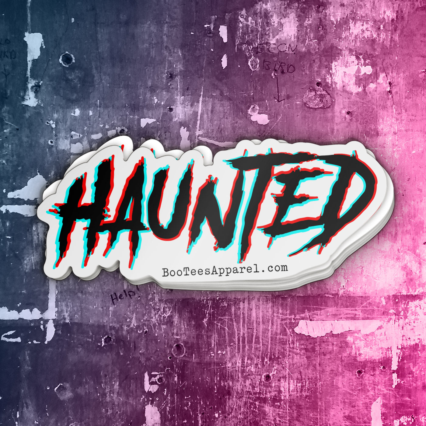 Haunted Red/Blue Retro 3D Sticker | Ghost Logo | Boo Tees Apparel